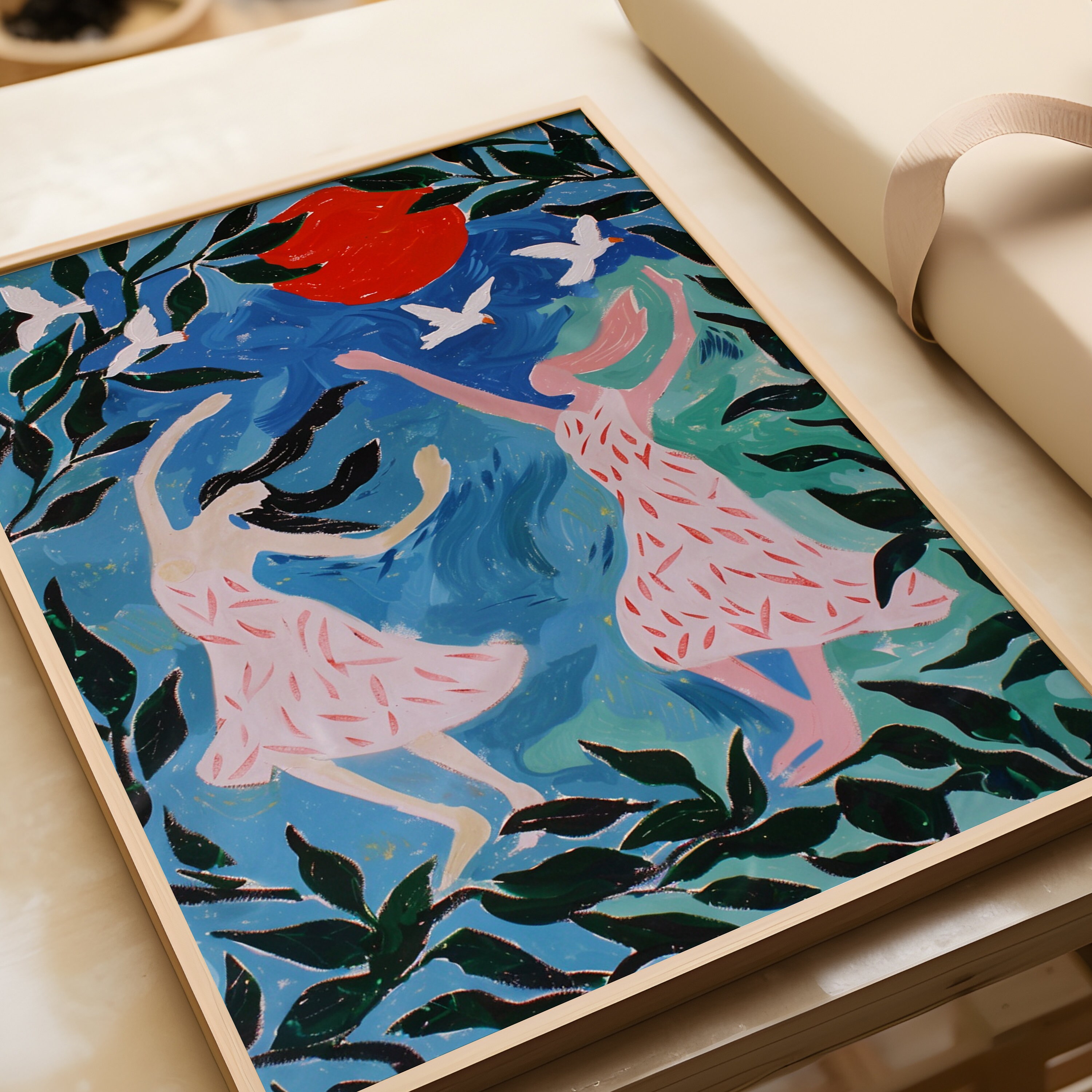 Two Women Dancing With Red Sun - Matisse Inspired Art Painting ...