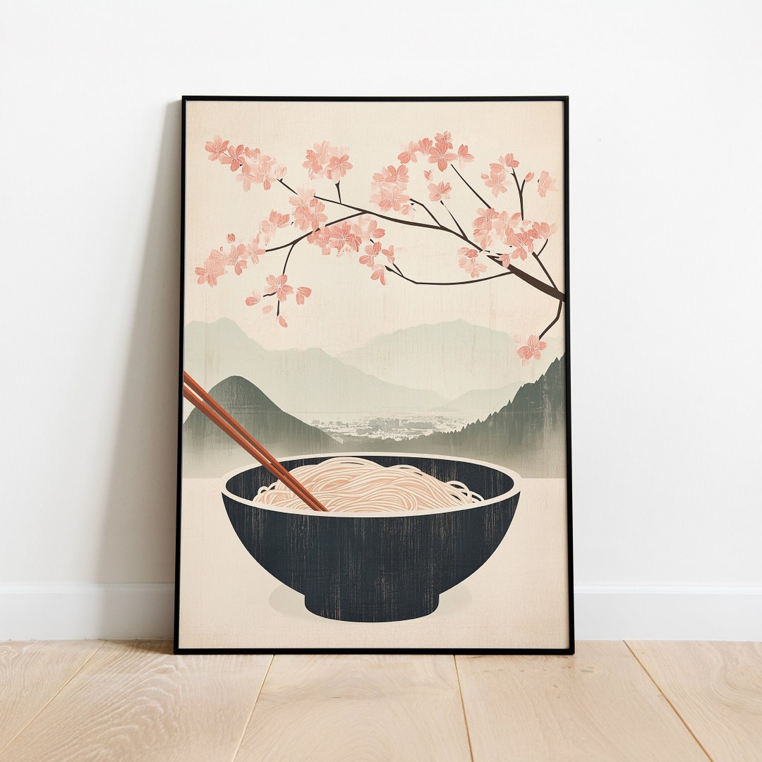 Japanese Soba Noodles Poster With Cherry Blossom Landscape - Digital ...