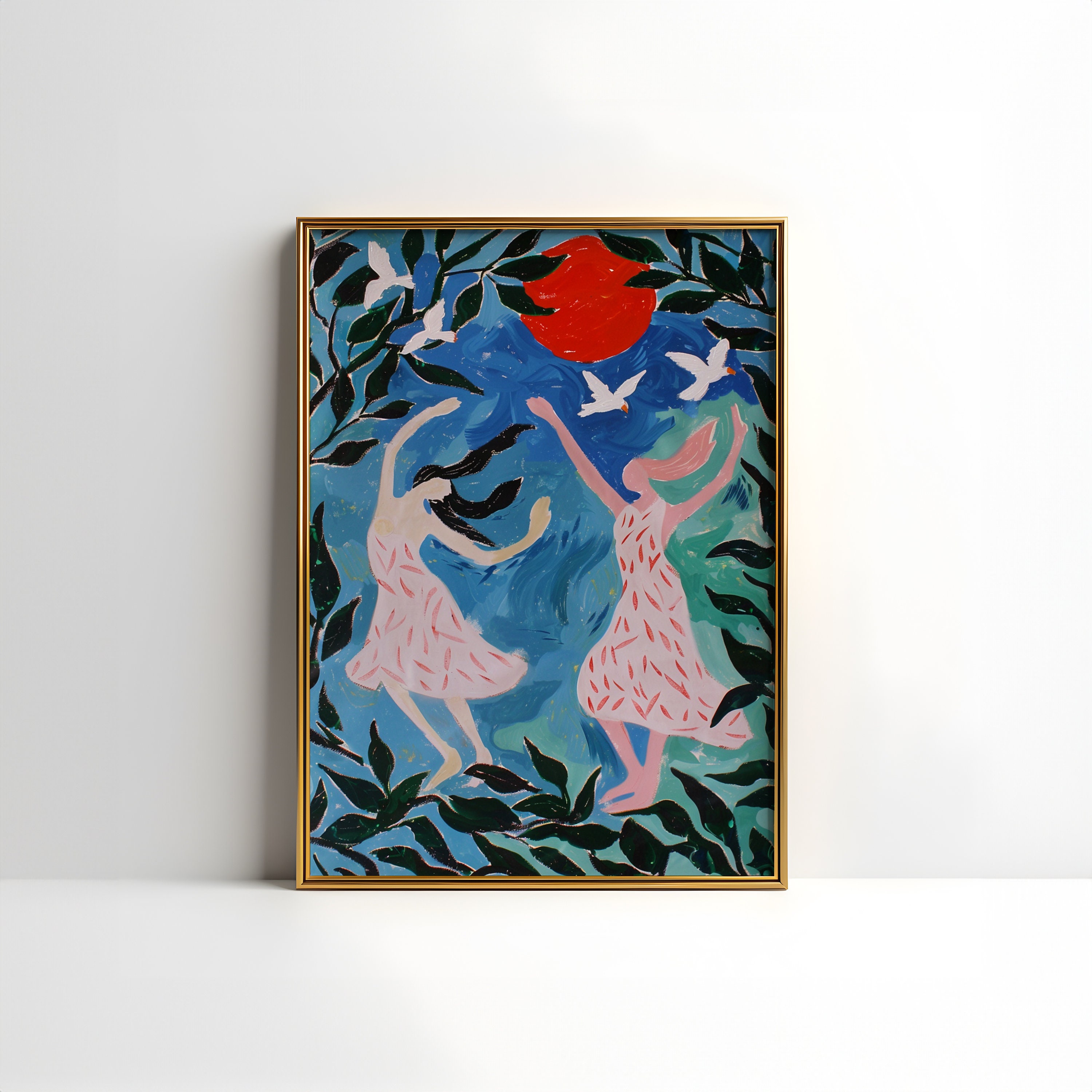 Two Women Dancing With Red Sun - Matisse Inspired Art Painting ...