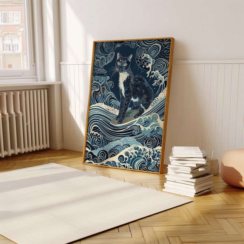 Hokusai Inspired Great Wave Cat Surfing Poster - Japanese Vintage Home ...