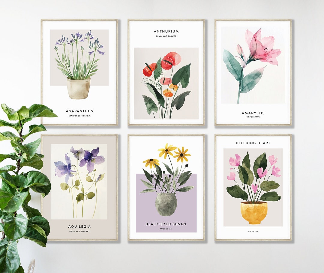 Chic Botanical Watercolor Prints - Set of 6 - Modern Wall Art Decor ...