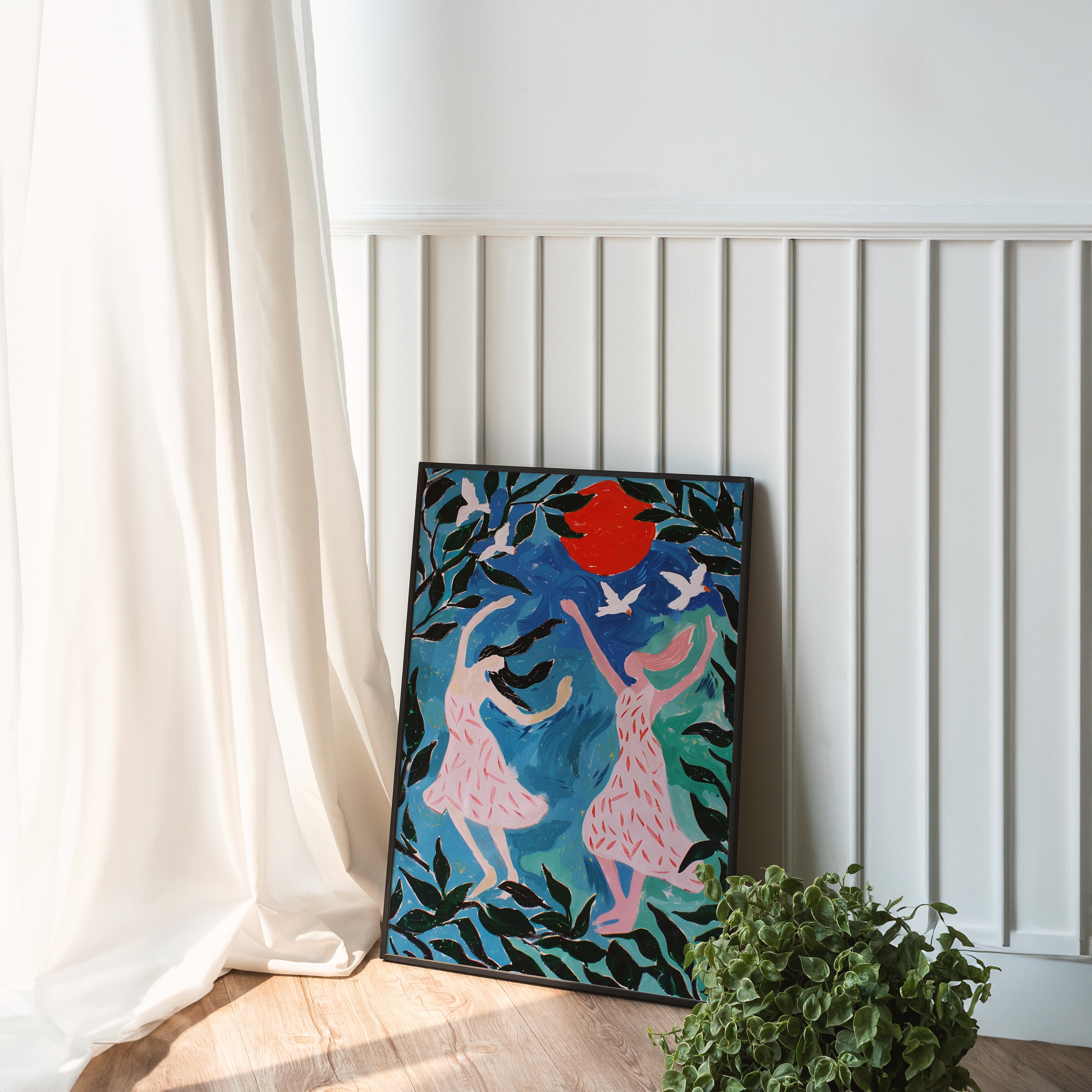 Two Women Dancing With Red Sun - Matisse Inspired Art Painting ...