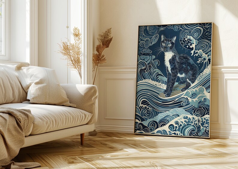 Hokusai Inspired Great Wave Cat Surfing Poster - Japanese Vintage Home ...