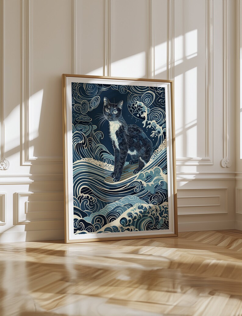 Hokusai Inspired Great Wave Cat Surfing Poster - Japanese Vintage Home ...