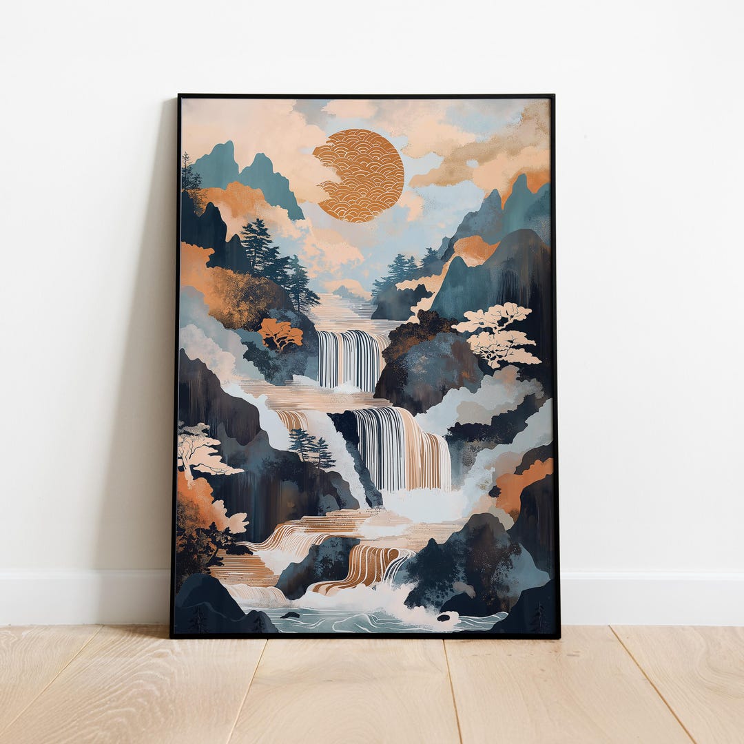 Japanese Waterfall Landscape Art Print – Tranquil Nature Wall Decor ...