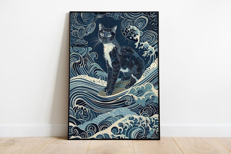 Hokusai Inspired Great Wave Cat Surfing Poster - Japanese Vintage Home ...