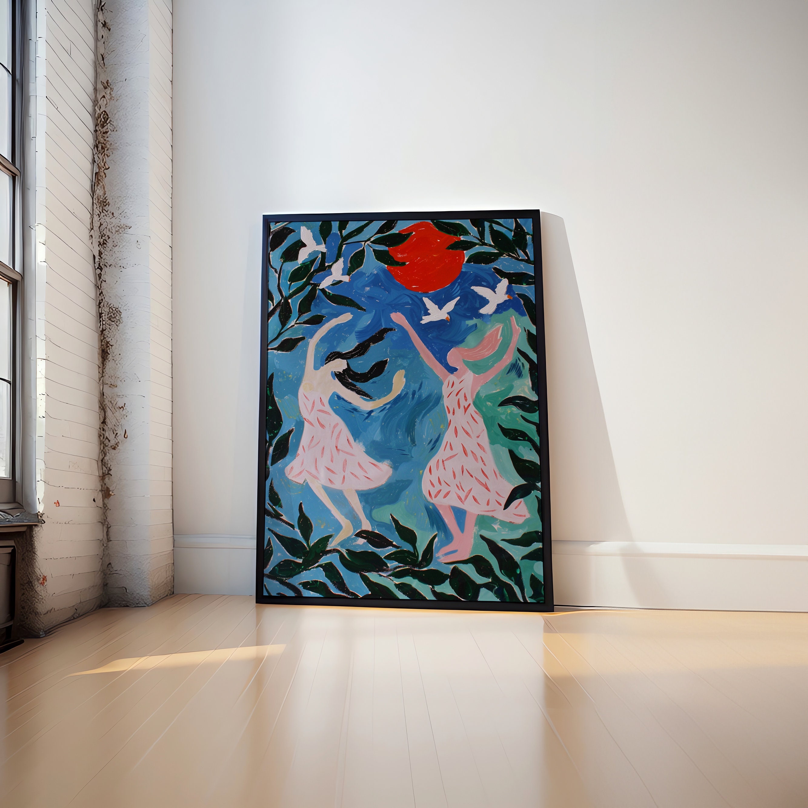 Two Women Dancing With Red Sun - Matisse Inspired Art Painting ...