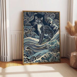 Hokusai Inspired Great Wave Cat Surfing Poster - Japanese Vintage Home ...