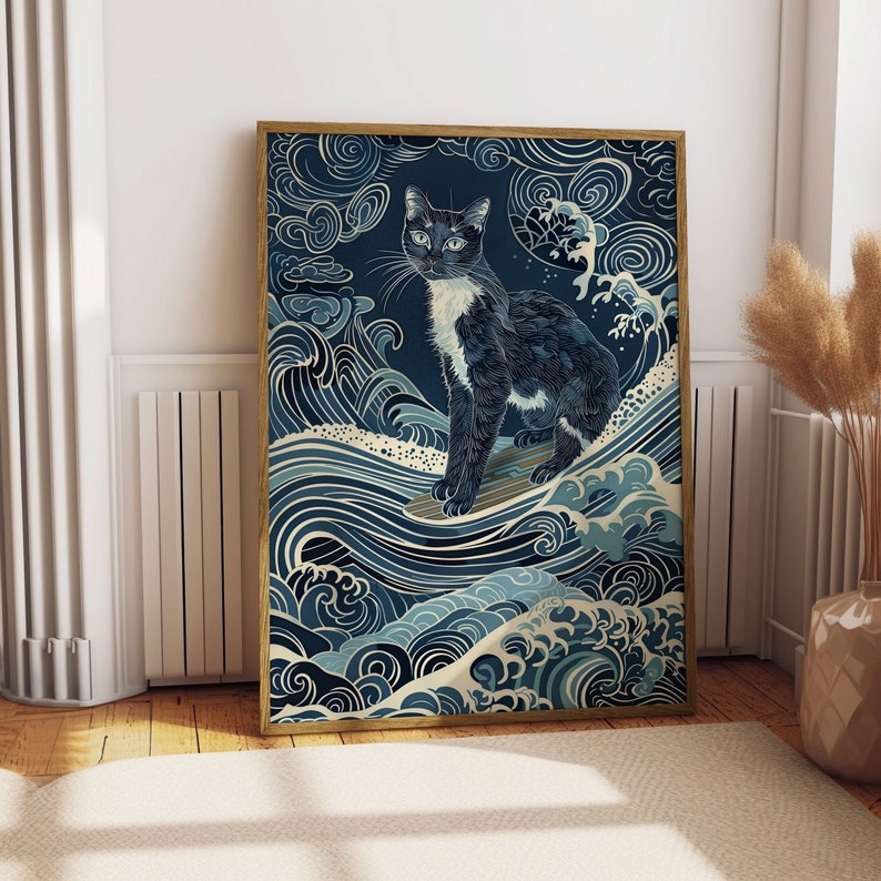 Hokusai Inspired Great Wave Cat Surfing Poster - Japanese Vintage Home ...