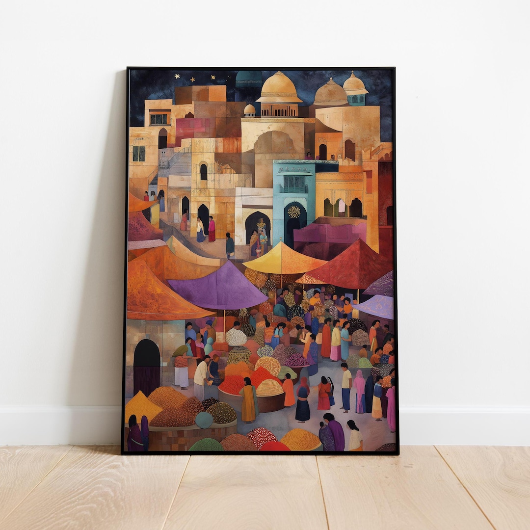Colorful Traditional Indian Marketplace Painting - Spice Market Art ...
