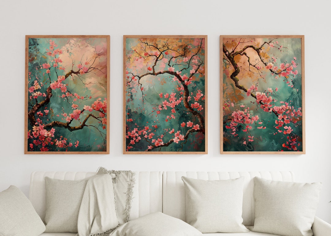Captivating Japanese Golden Cherry Blossom Poster Set of 3 ...