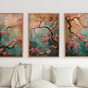 Captivating Japanese Golden Cherry Blossom Poster Set of 3 - Breathtaking Asian Decor to Elevate ...