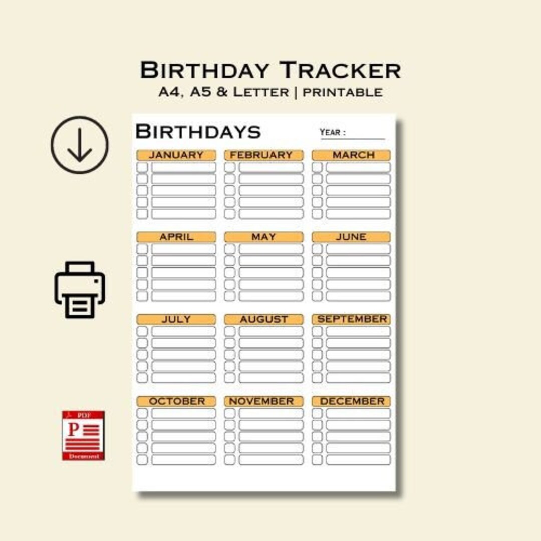 Birthday Tracker Printable Template Birthday Calendar Birthday Reminder ...