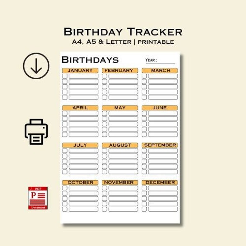 Birthday Tracker Printable Template Birthday Calendar Birthday Reminder ...