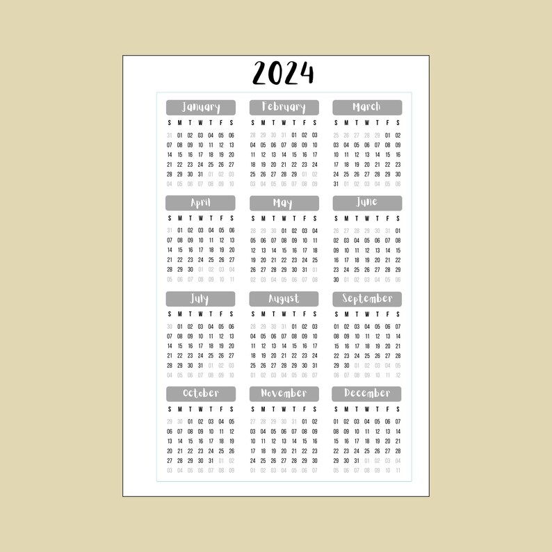 A4 Printable 2024 Dated Calendars portrait Sunday Start - Etsy