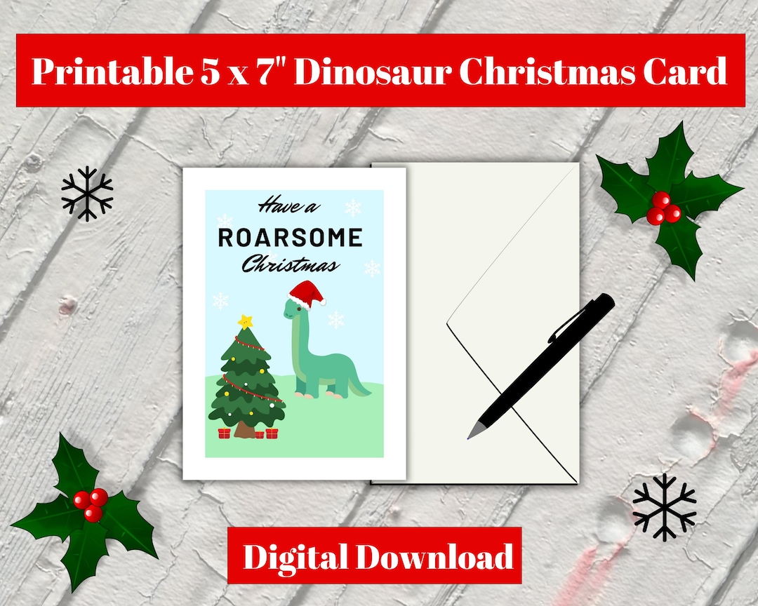 Printable Dinosaur Christmas Card Instant Download Printable Christmas ...