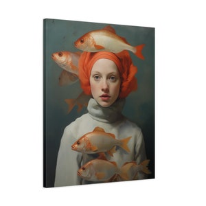Ocean Demure - Demure Artwork Canvas, Women Portrait Paint, Fish Ocean ...