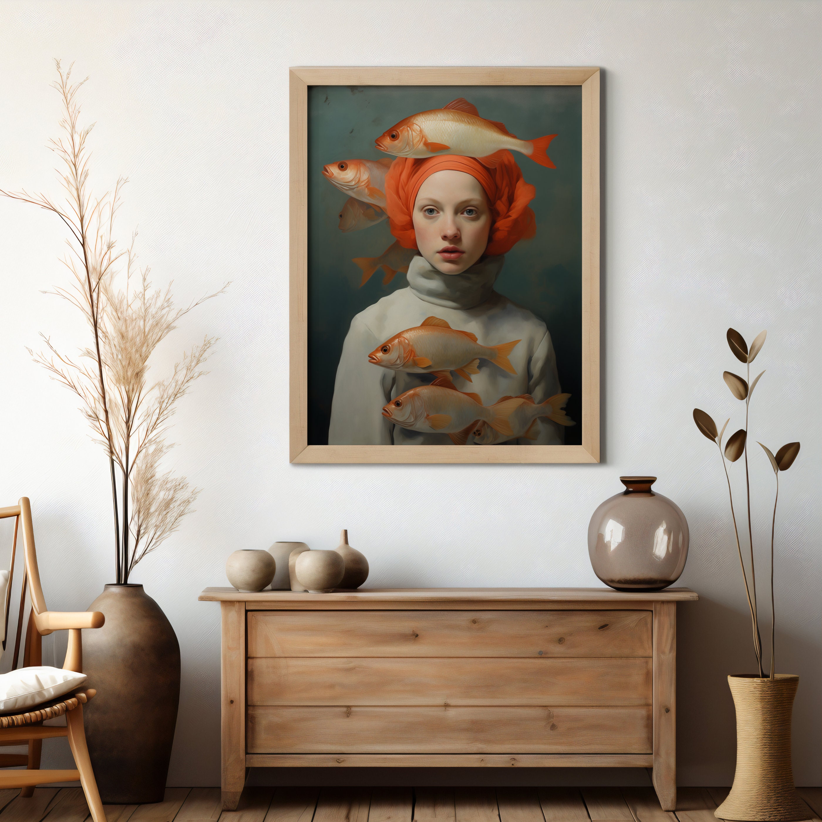 Vintage Style Woman and Fish Portrait – Ocean Demure Art Canvas - Etsy