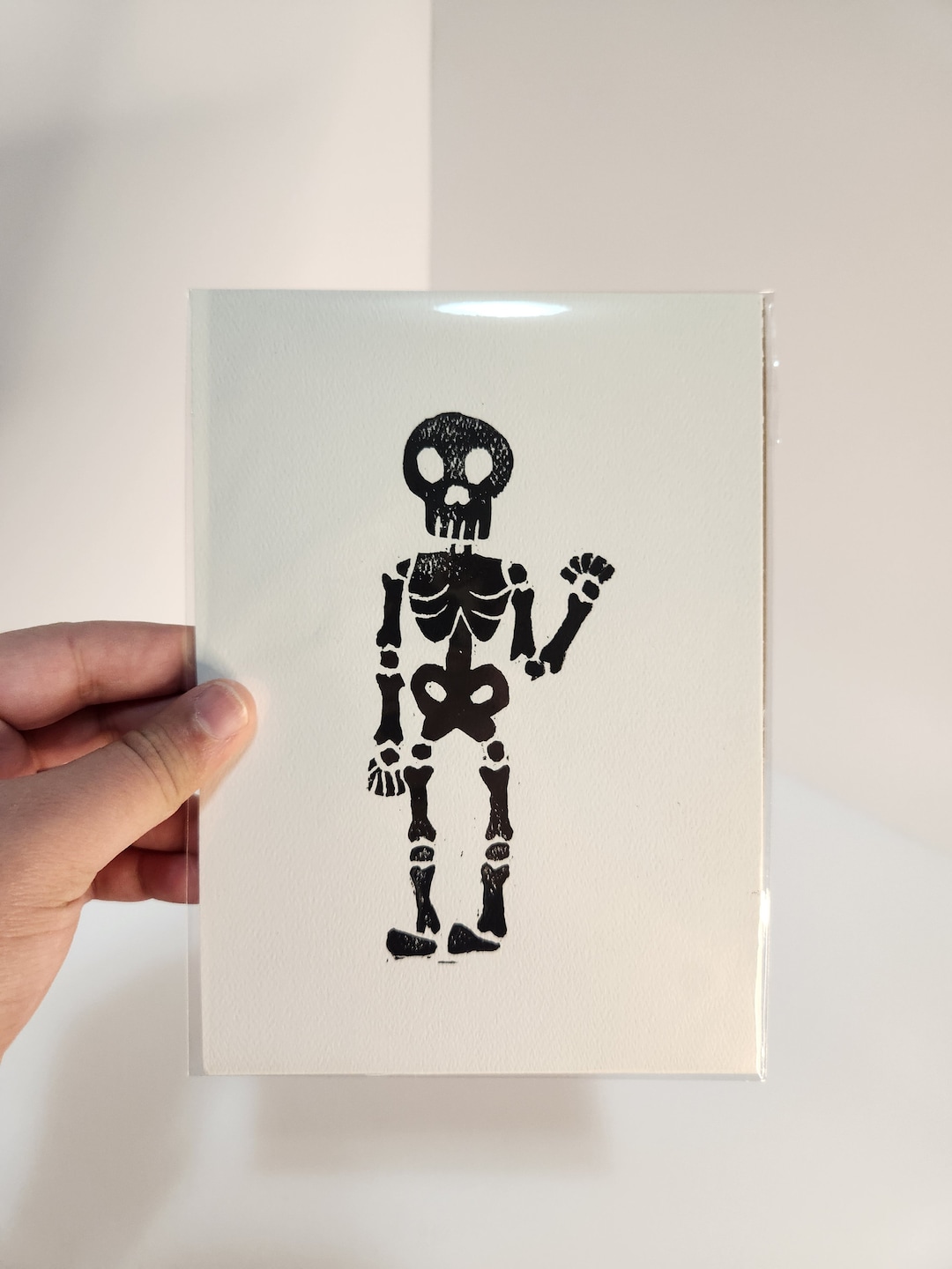 Skeleton Waving Block Printed Original Art Print Hand Printed Hand ...