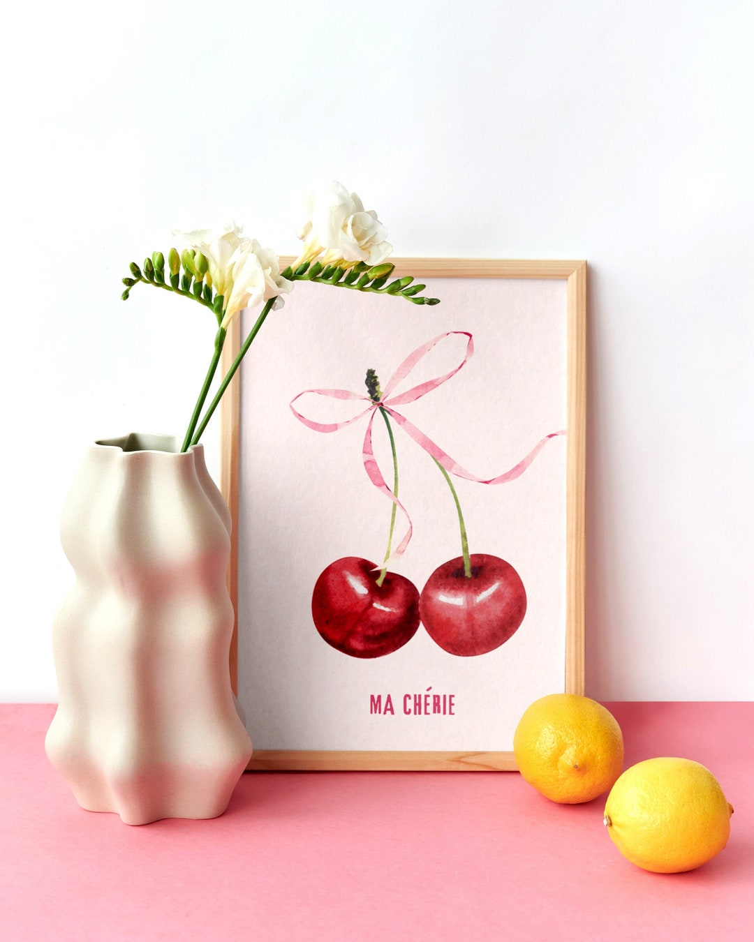 Cherry Wall Art Print, Trendy Printable Feminine Poster Coquette Pink Bow Soft Girl Bedroom ...