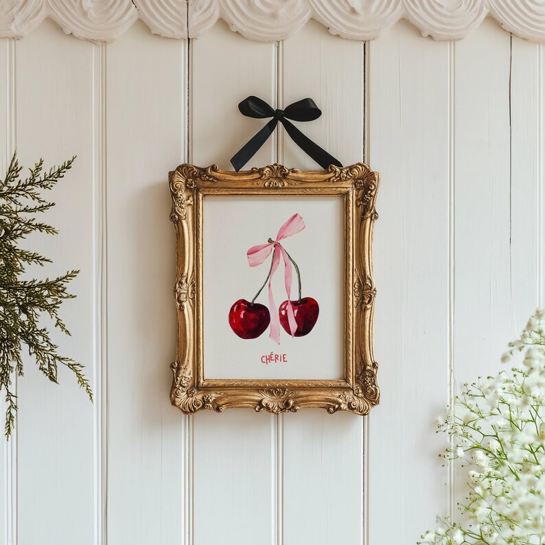 Cherry With Bow Wall Art Feminine Poster Cherries Soft Girl Bedroom ...