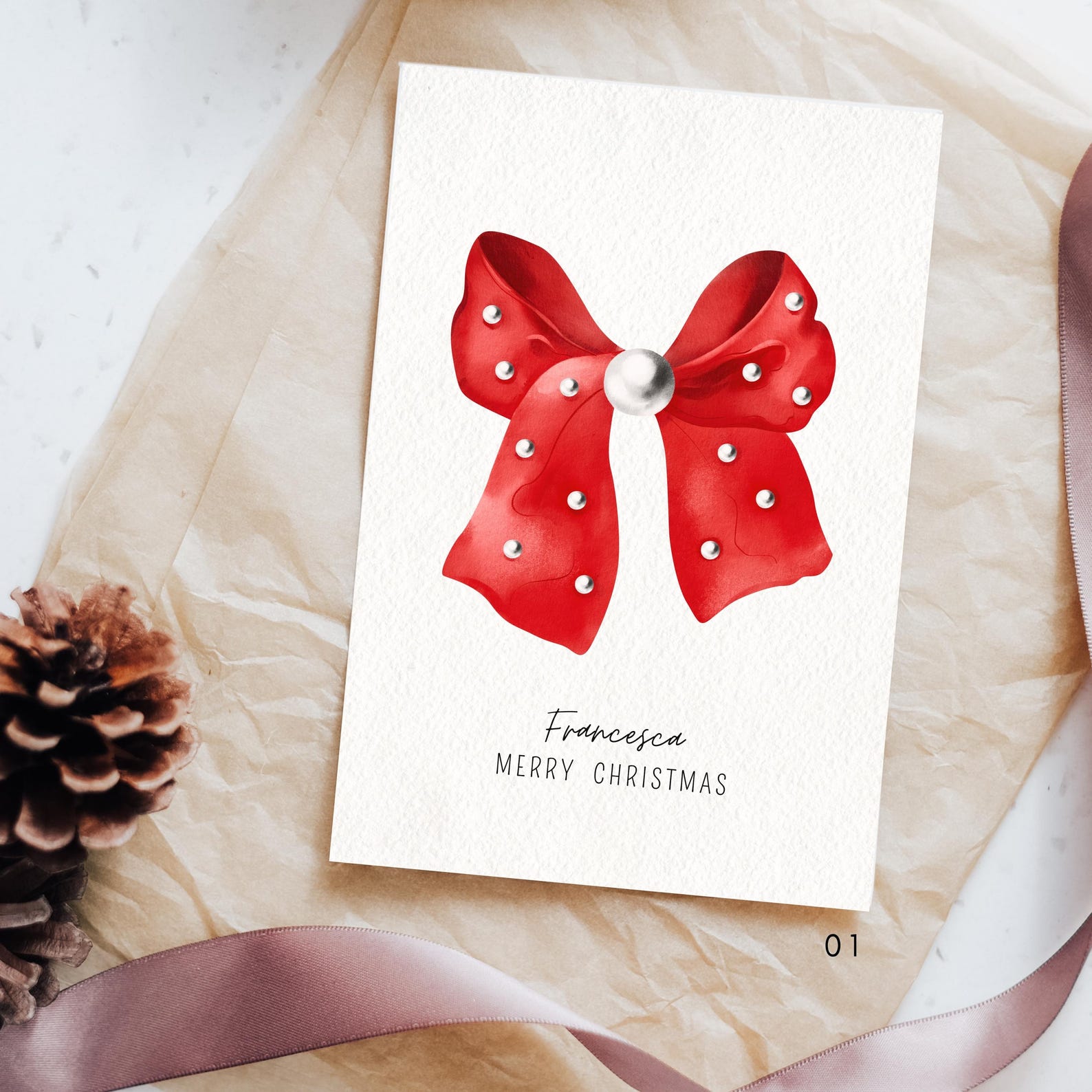 Christmas Bow Cards Custom Name Set of 4 Watercolour Festive Cards ...