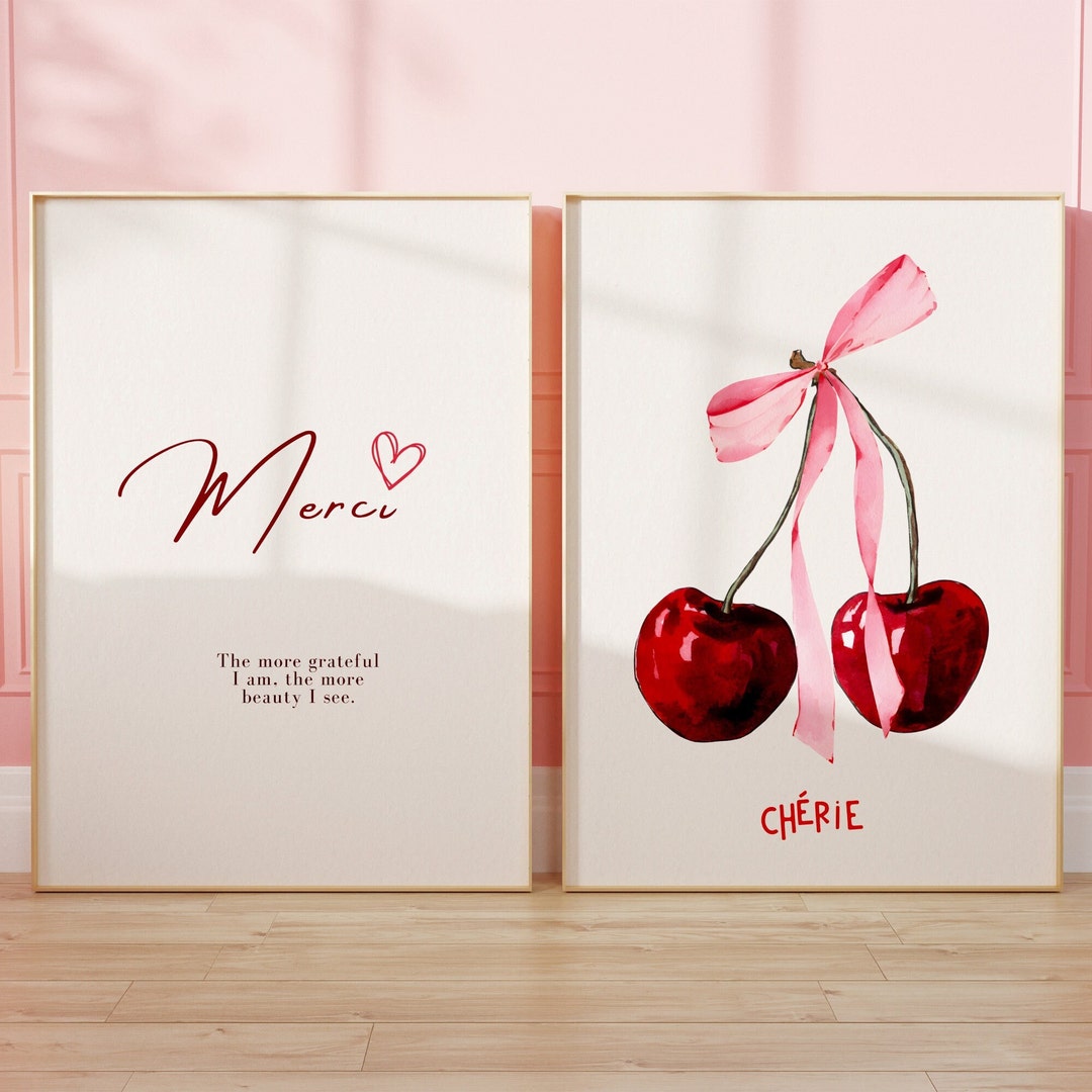 Cherry Wall Art Set of 2, Coquette Pink Bow Trendy Retro Printable Feminine Poster, Soft Girl ...