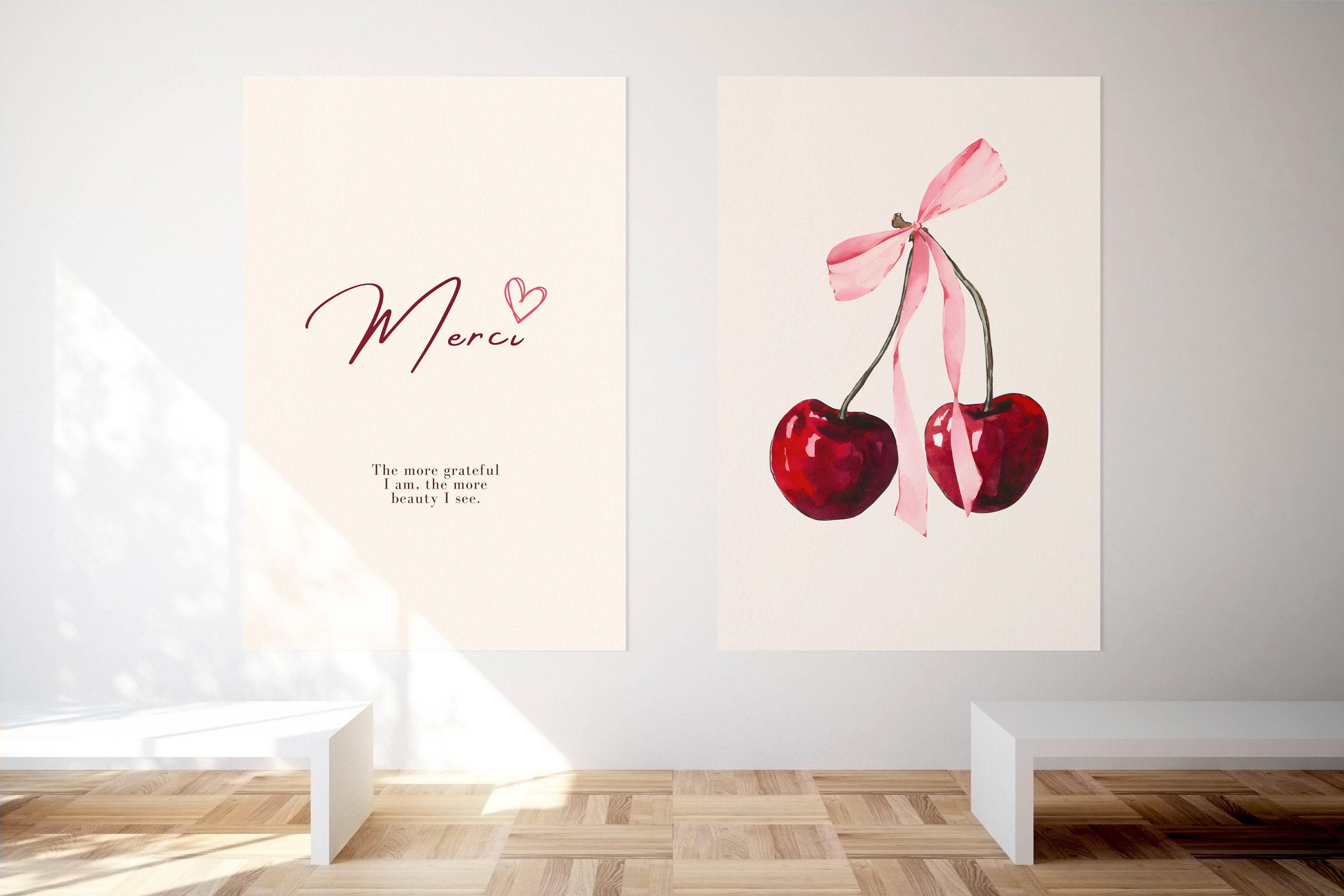 Cherry Wall Art Set of 2, Coquette Pink Bow Trendy Retro Printable ...