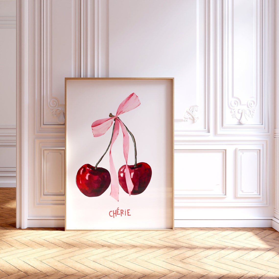 Cherry With Bow Wall Art Feminine Poster Cherries Soft Girl Bedroom ...