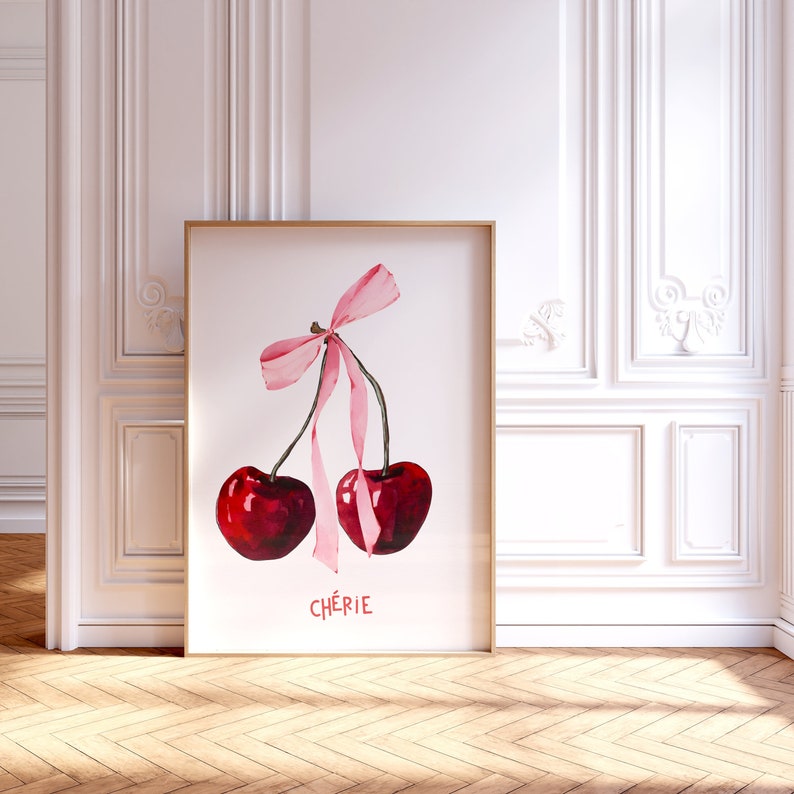 Cherry With Bow Wall Art Feminine Poster Cherries Soft Girl Bedroom ...