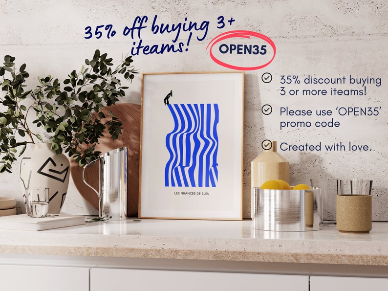 Linear Wavy Yves Klein Poster, Electric Blue Klif Minimal Print, Mid ...