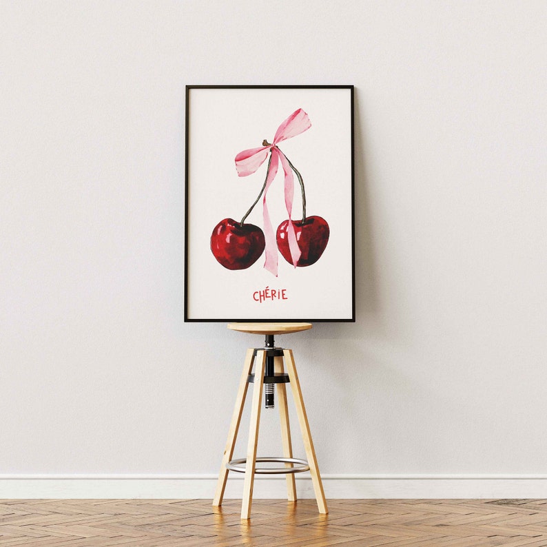 Cherry With Bow Wall Art Feminine Poster Cherries Soft Girl Bedroom ...