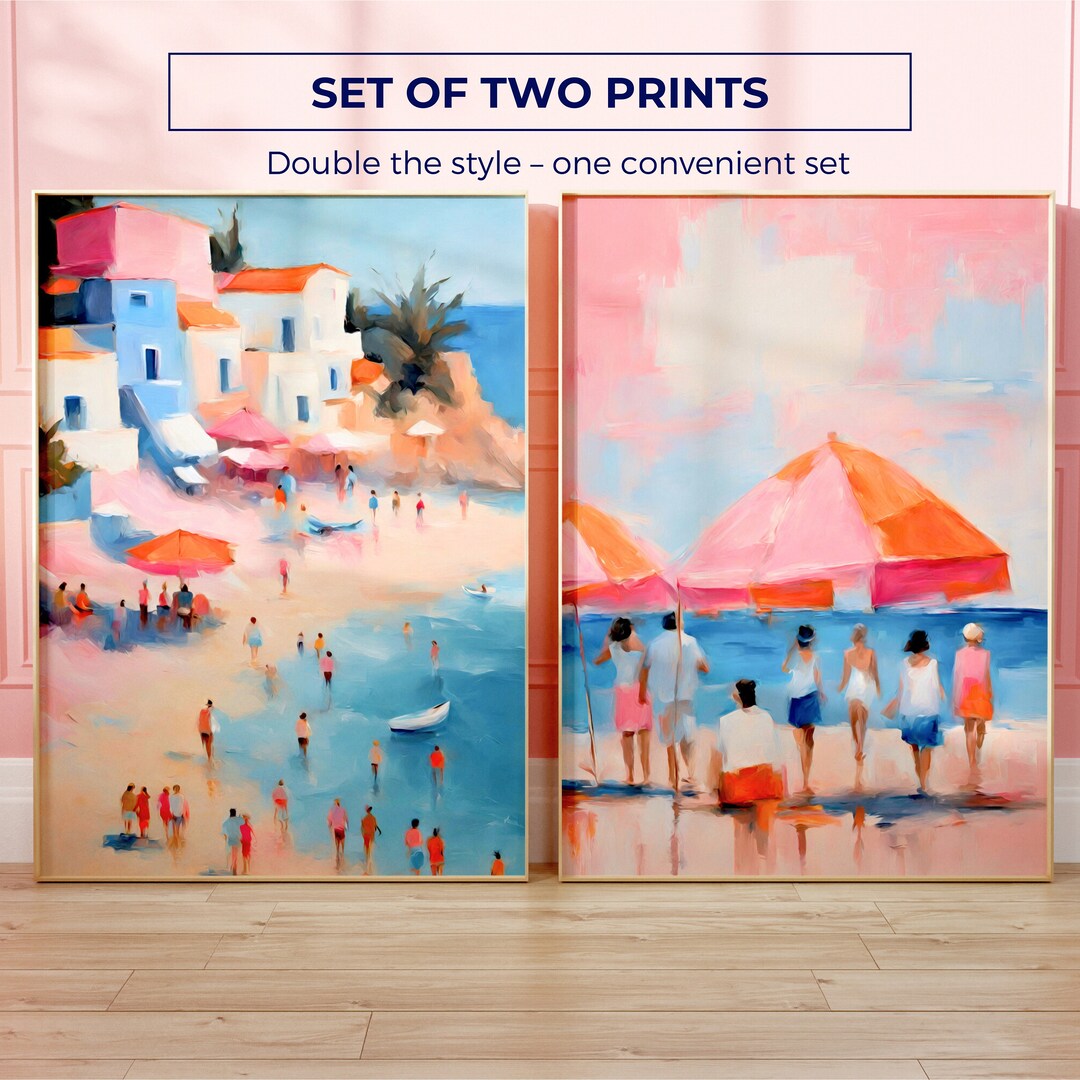 Preppy Wall Art Set of 2 Prints Summer Beach Umbrella Retro Abstract ...