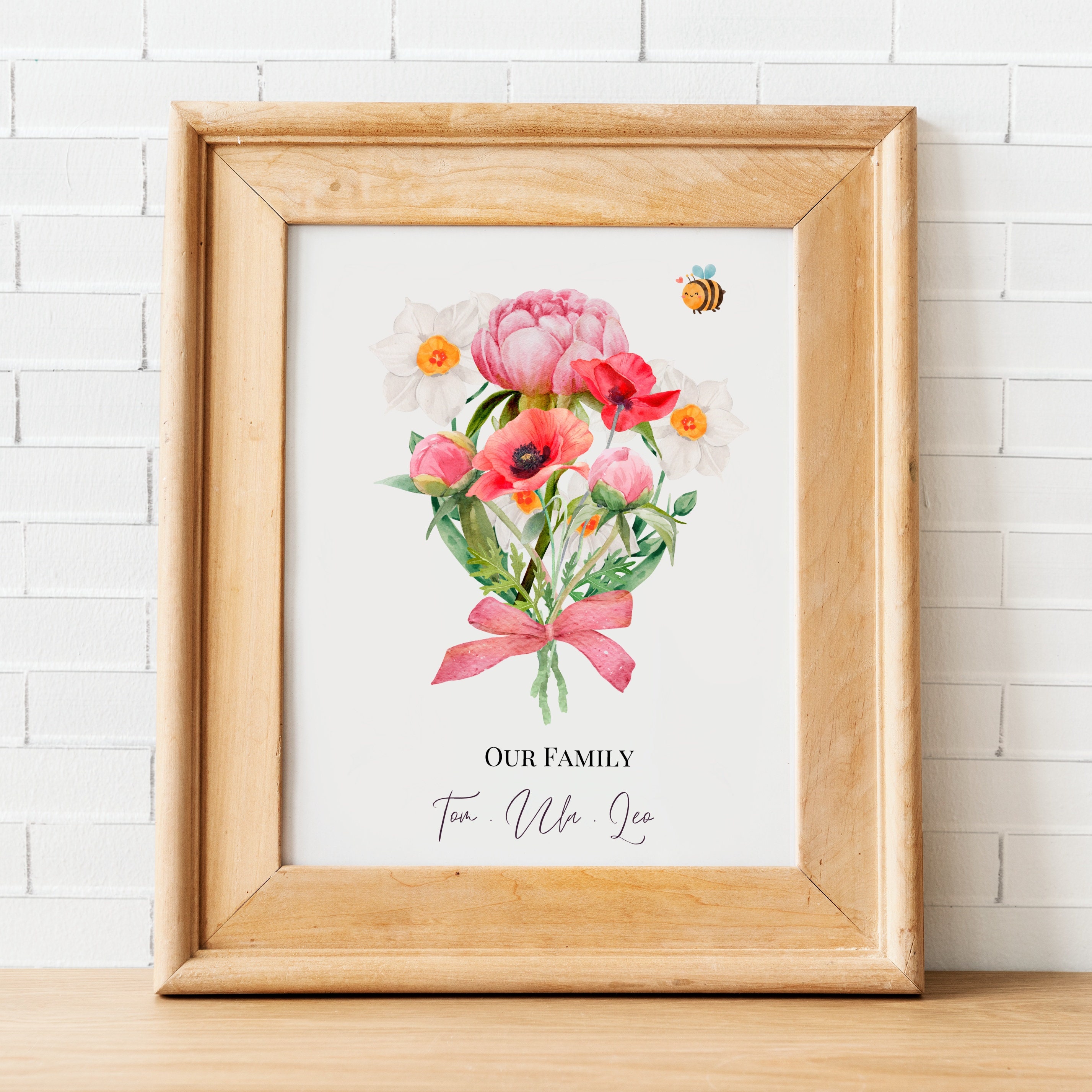 Custom Family Birth Flower Bouquet Wall Art, Personalized Watercolour ...