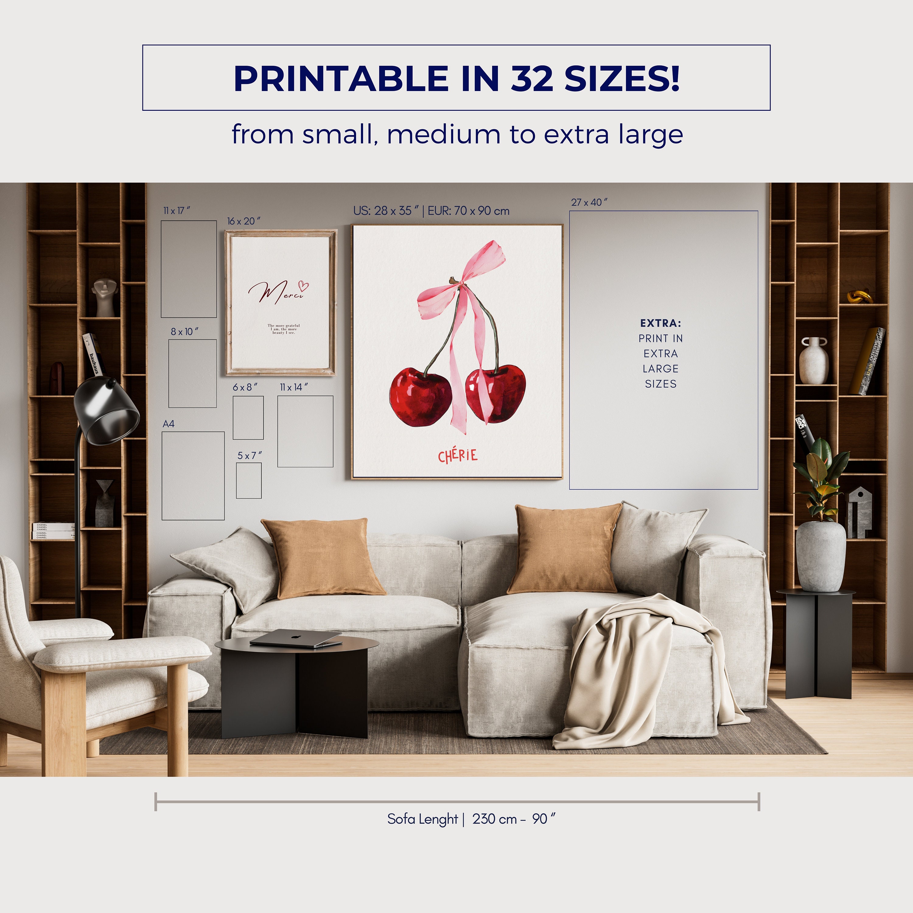 Cherry Wall Art Set of 2, Coquette Pink Bow Trendy Retro Printable Feminine Poster, Soft Girl ...