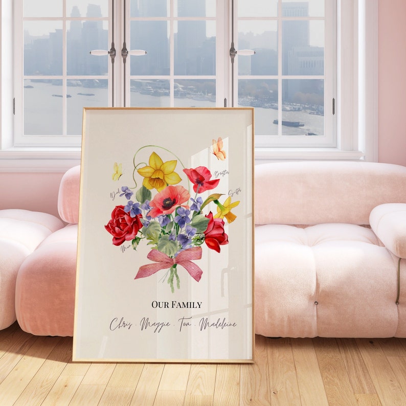 Custom Family Birth Flower Bouquet Wall Art, Personalized Watercolour ...