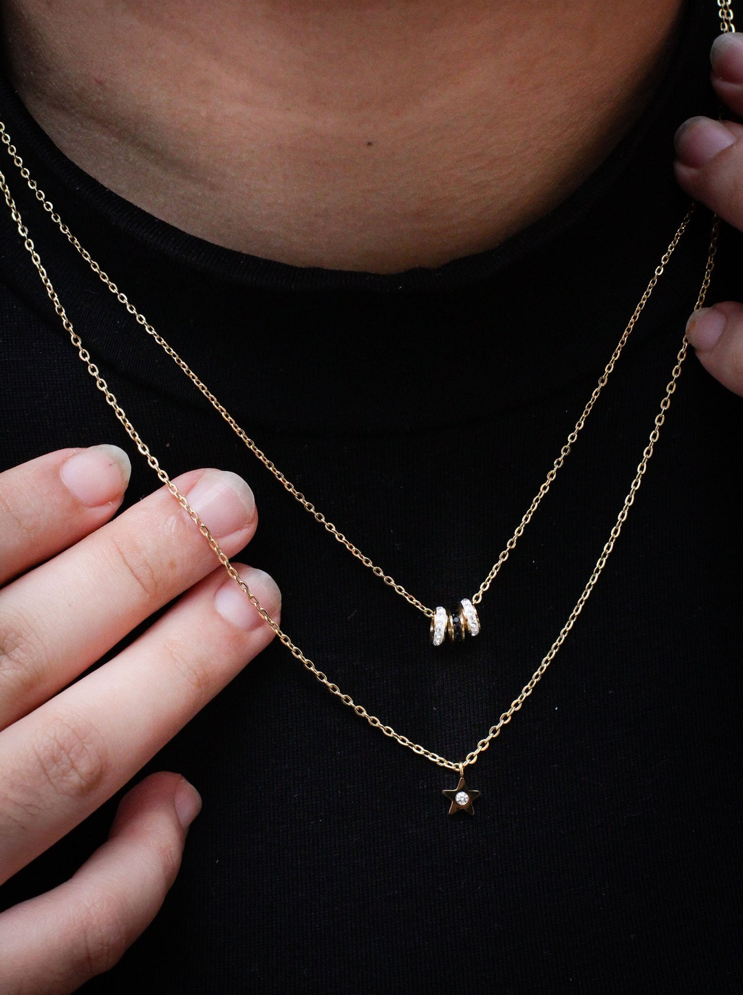 Double Chain Necklace Double Pendant Stainless Steel, Elegant ...