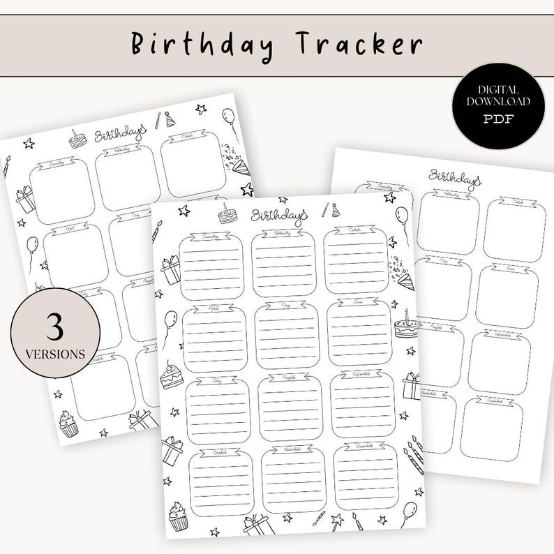 Birthday Tracker Printable / Minimal Birthday Tracker by Month ...
