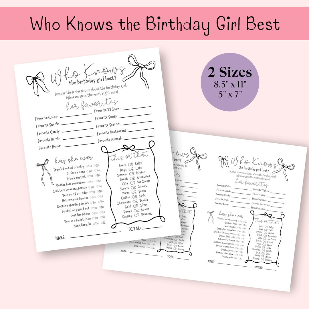 Who Knows the Birthday Girl Best Party Game, Printable Birthday Game ...