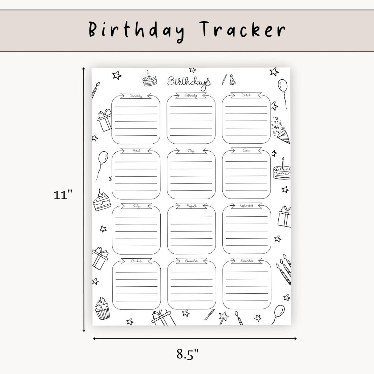 Birthday Tracker Printable / Minimal Birthday Tracker by Month ...