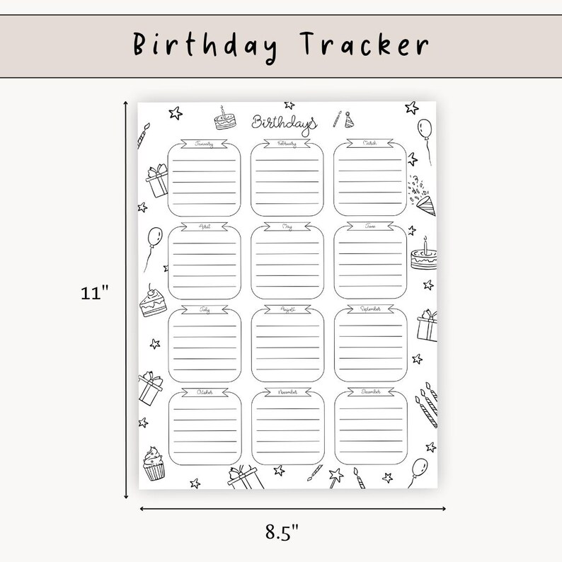 Birthday Tracker Printable / Minimal Birthday Tracker by Month ...