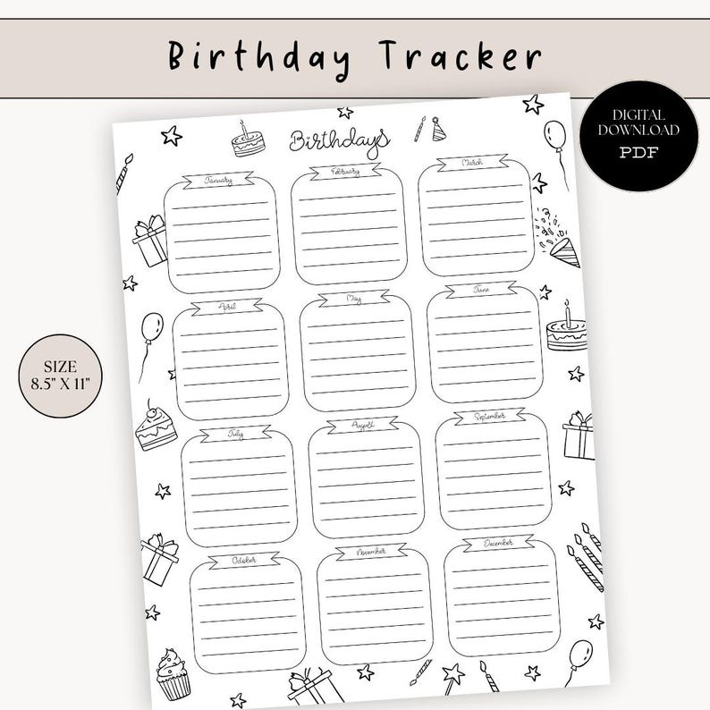 Birthday Tracker Printable / Minimal Birthday Tracker by Month ...