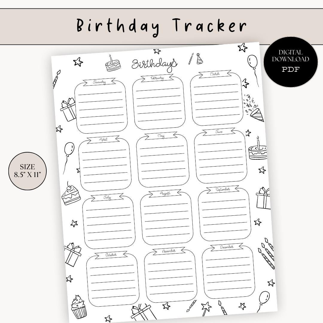 Birthday Tracker Printable / Minimal Birthday Tracker by Month ...
