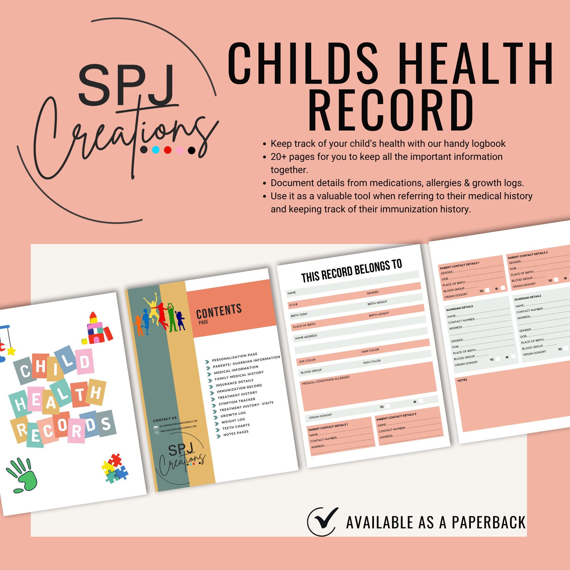Children's Health Record Log PDF Printable Template, Kids Medical ...