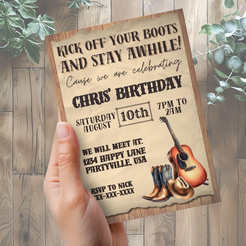 Cowboy Birthday Invitation Adult, Country Music Birthday Invitation ...