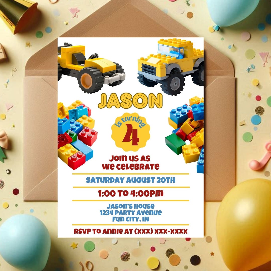 Building Blocks Birthday Invitation, Building Bricks Kids Birthday ...