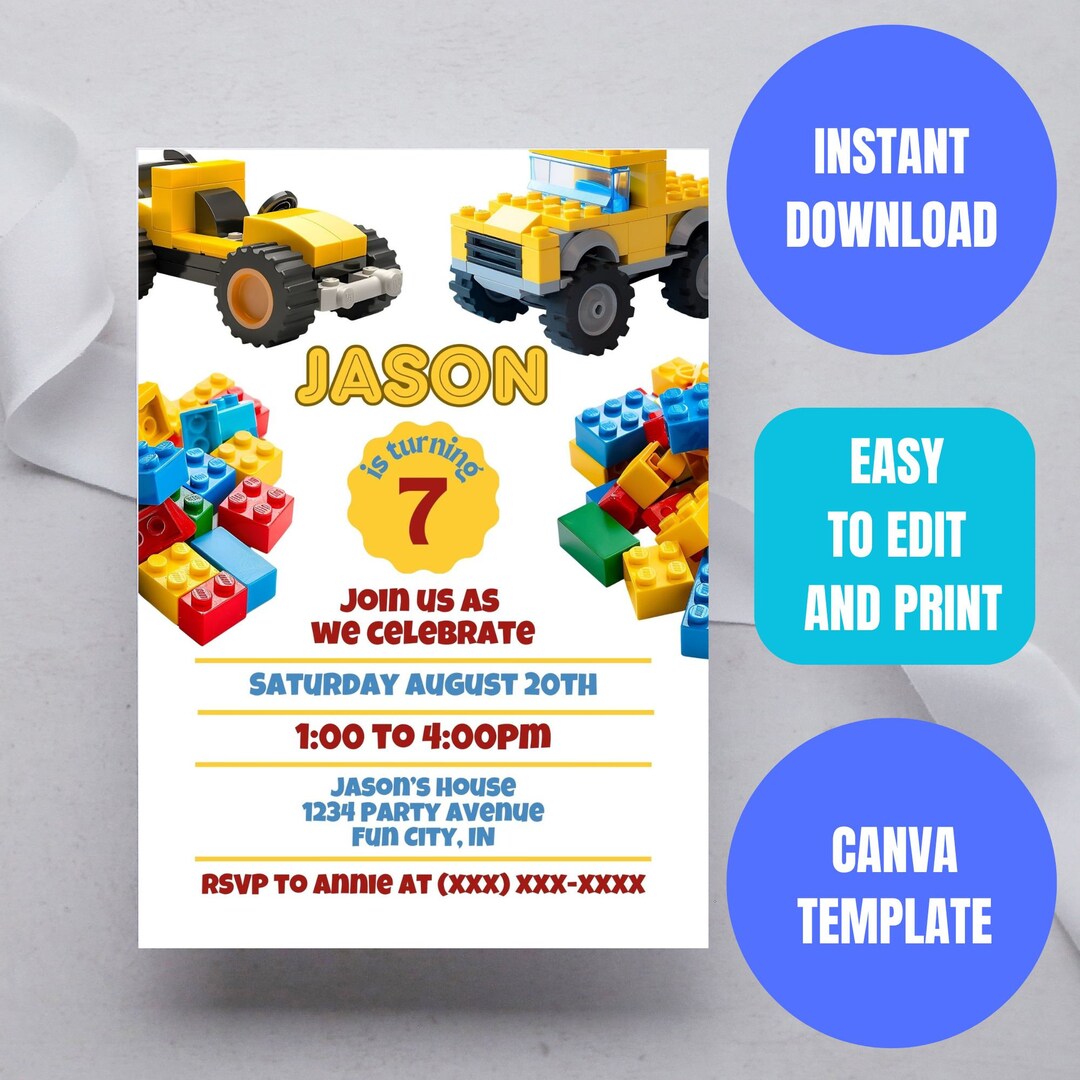 Building Blocks Birthday Invitation, Building Bricks Kids Birthday ...