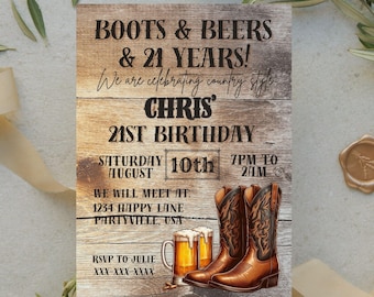 21st Birthday Invite, Western Birthday, Rustic Birthday, Country Music ...