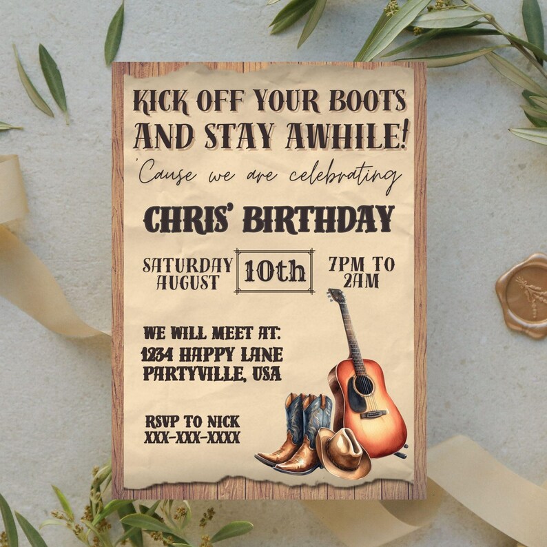 Cowboy Birthday Invitation Adult, Country Music Birthday Invitation ...