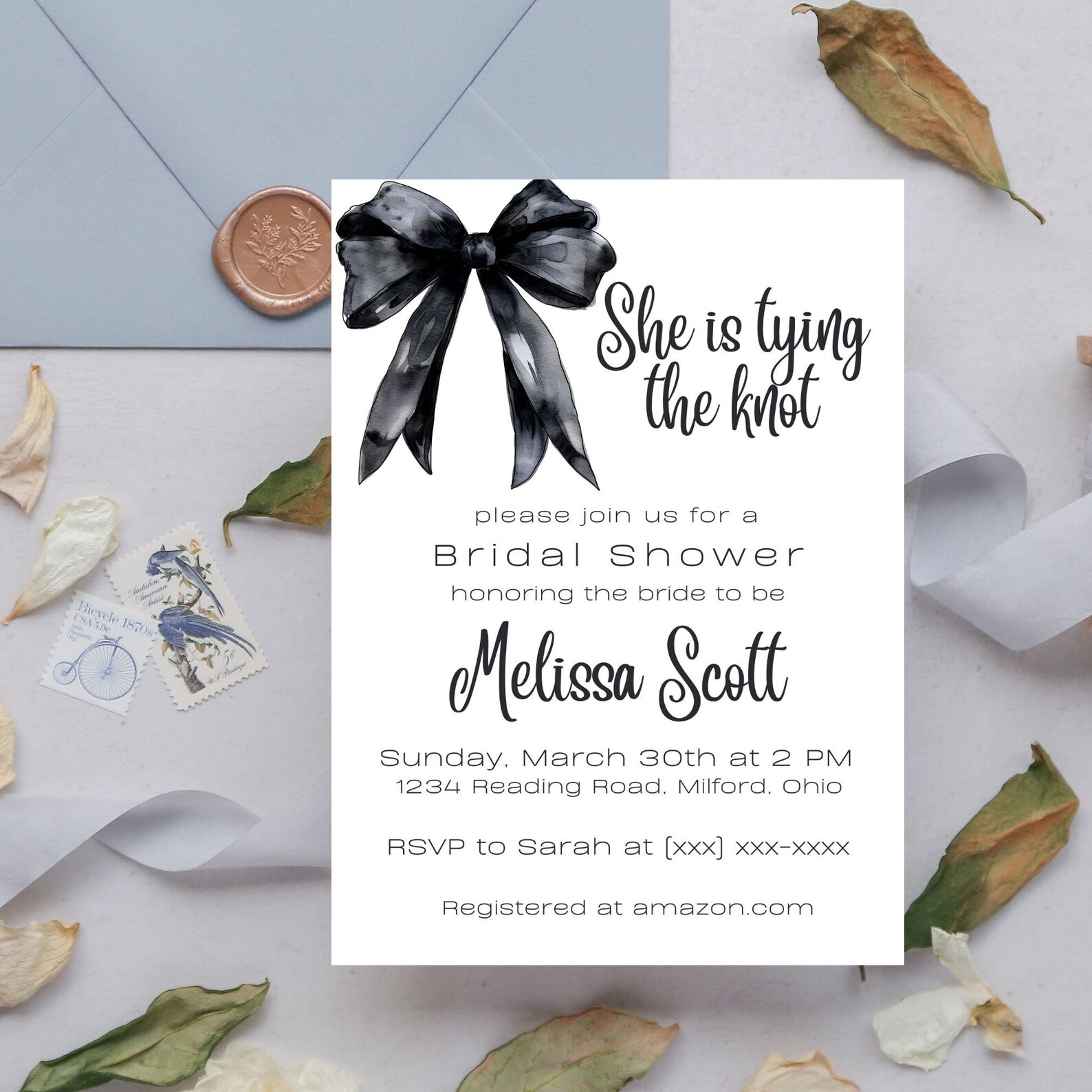 She's Tying the Knot Invitation Black, Bridal Shower Invitation Black ...